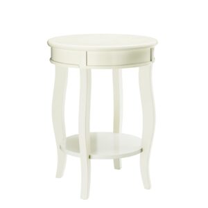 acme aberta round wooden end table with bottom shelf in antique white