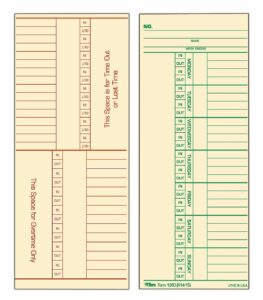 tops time cards, weekly, 2-sided, named days, 3-3/8" x 8-1/4", manila, green/red print, 500-count (1260)