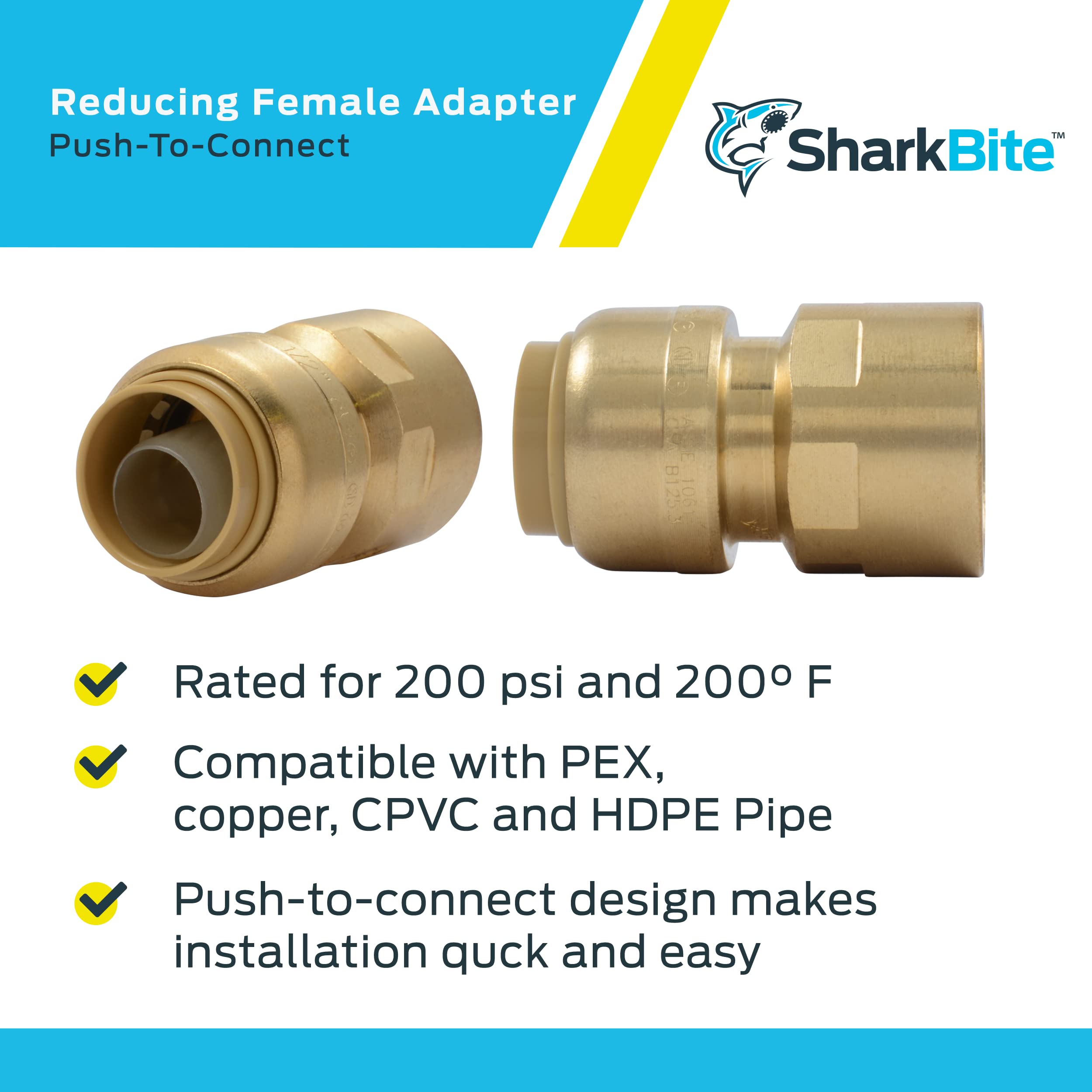 SharkBite 1/2 x 1/2 Inch FNPT Adapter, Pack of 4, Push To Connect Brass Plumbing Fitting, PEX Pipe, Copper, CPVC, PE-RT, HDPE, U072LFA4