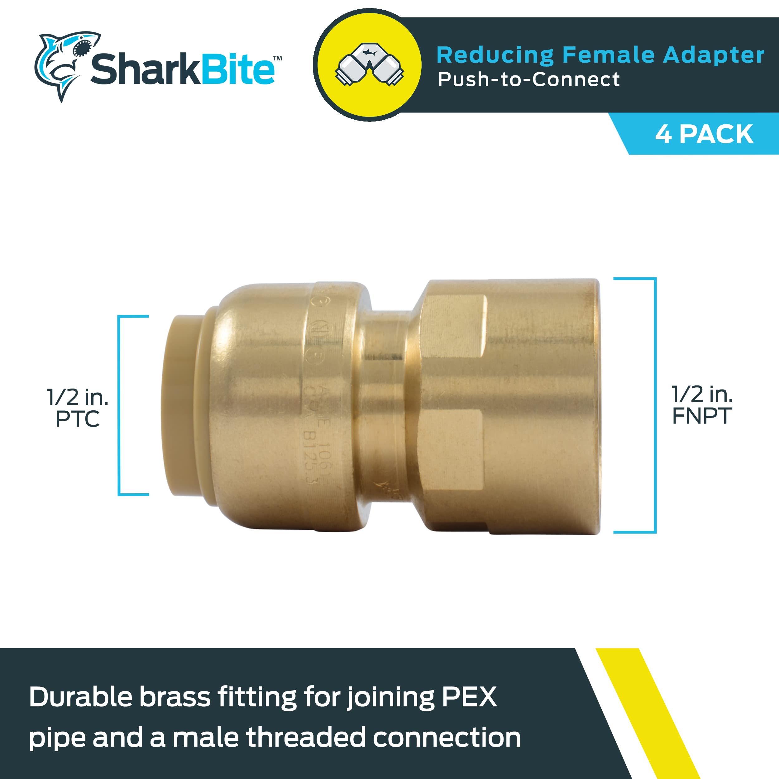 SharkBite 1/2 x 1/2 Inch FNPT Adapter, Pack of 4, Push To Connect Brass Plumbing Fitting, PEX Pipe, Copper, CPVC, PE-RT, HDPE, U072LFA4