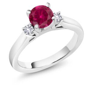 gem stone king 925 sterling silver red created ruby and white created sapphire 3-stone engagement ring for women (1.10 cttw, round 6mm, gemstone july birthstone, size 7)