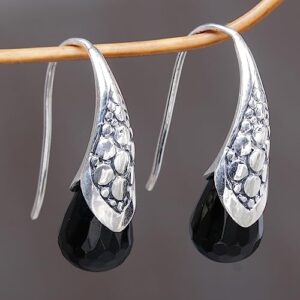 NOVICA Artisan Handcrafted Black Onyx Drop Earrings In Sterling Silver | Chalcedony Drop Earrings | French Wire Drop Earrings | Stone Dangle Drop Earrings | Black Agate Earrings | Onyx Dangle Earrings