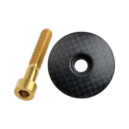 Wanyifa 1 1/8" 3K Carbon Fiber Cycling Headset Stem Top Cap with M6x35mm Titanium Bolt (Matte with Gold)