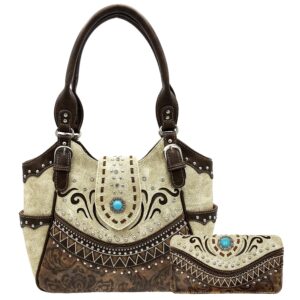 justin west tooled leather laser cut rhinestone concho studded shoulder concealed carry tote style handbag purse wallet (beige handbag and wallet)