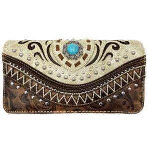 Justin West Tooled Leather Laser Cut Rhinestone Concho Studded Shoulder Concealed Carry Tote Style Handbag Purse Wallet (Beige Handbag and Wallet)