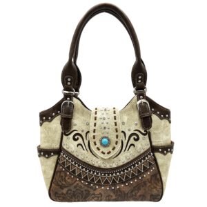 Justin West Tooled Leather Laser Cut Rhinestone Concho Studded Shoulder Concealed Carry Tote Style Handbag Purse Wallet (Beige Handbag and Wallet)