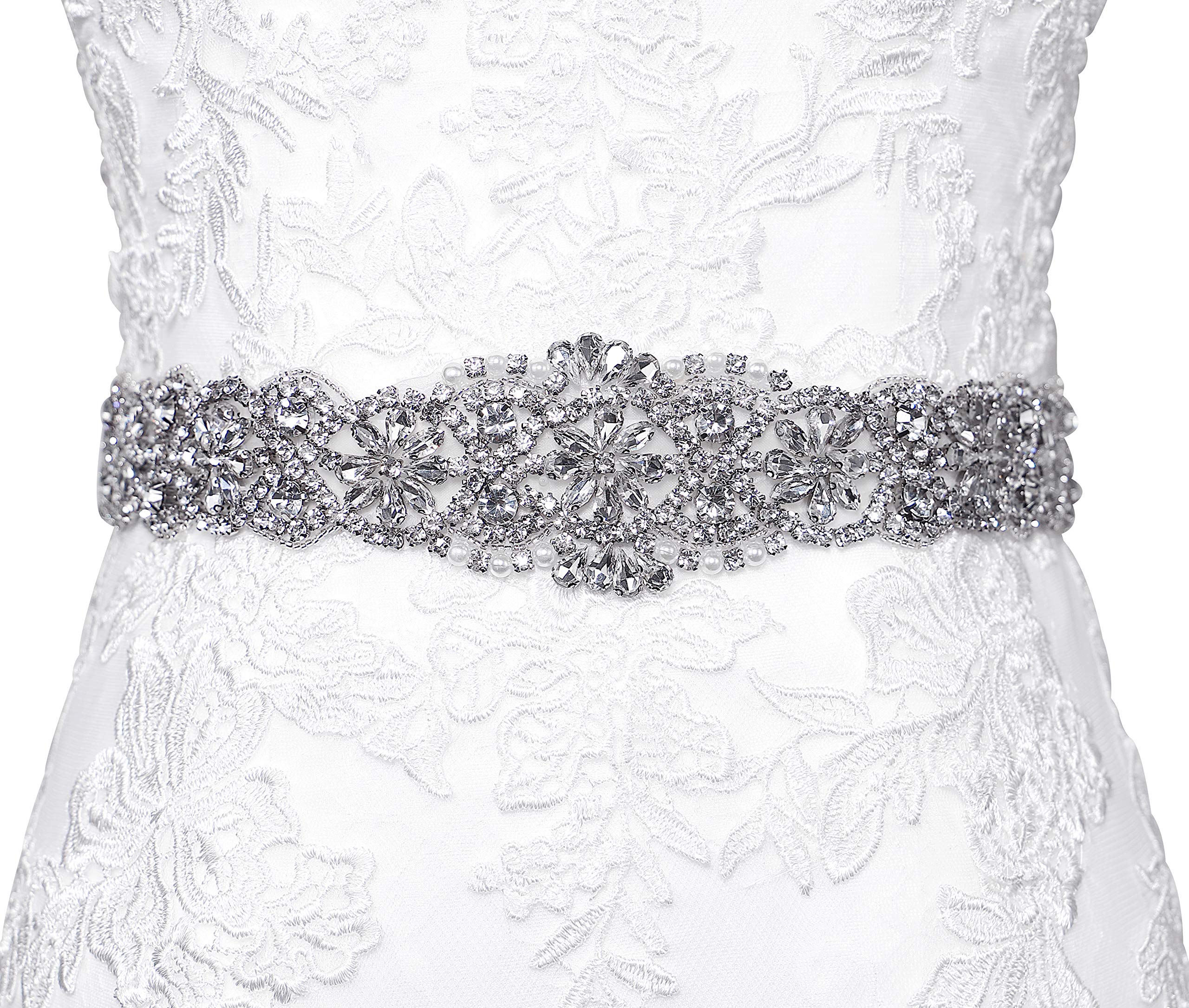 Lovful Bridal Crystal Rhinestone Braided Wedding Dress Sash Belt, White, White Sash, One Size