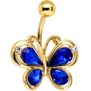 body candy gold pvd steel blue accent burst of color butterfly belly button ring