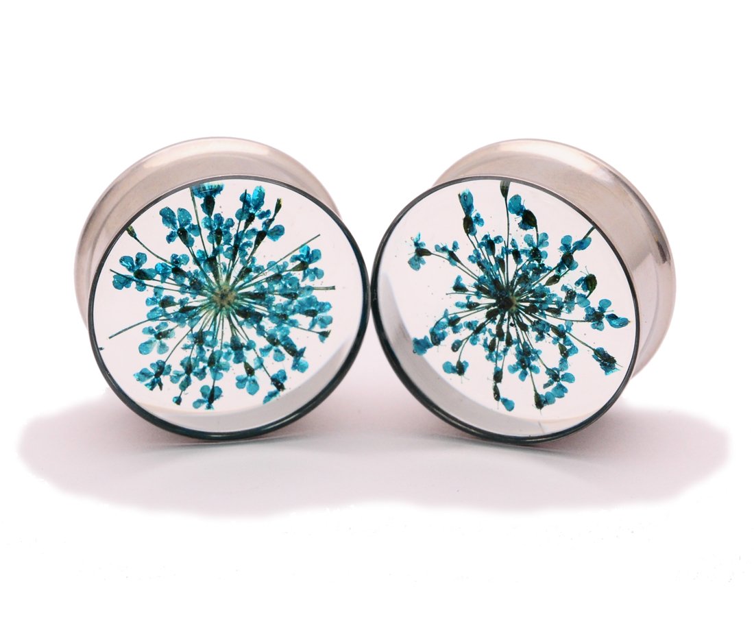 Mystic Metals Body Jewelry Embedded Blue Queen Anne's Lace Flower Plugs - Sold As a Pair (9/16" (14mm))