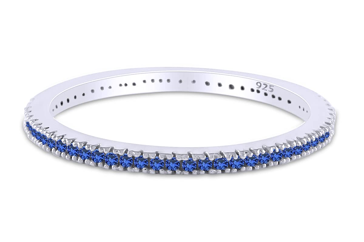 Jewel Zone US Simulated Blue Sapphire Eternity Stackable Wedding Ring in 14k White Gold Over Sterling Silver (1/5 Ct)