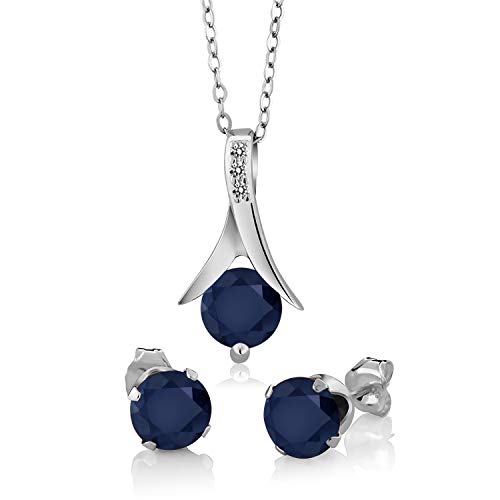 Gem Stone King 925 Sterling Silver Blue Sapphire and White Diamond Pendant and Earrings Jewelry Set For Women (3.05 Cttw, with 18 Inch Silver Chain)