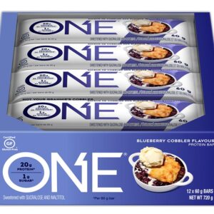 ONE Protein Bars, Blueberry Cobbler, Gluten Free Protein Bars with 20g Protein and 1g Sugar, Pantry Staples, 2.12oz (12 Count)