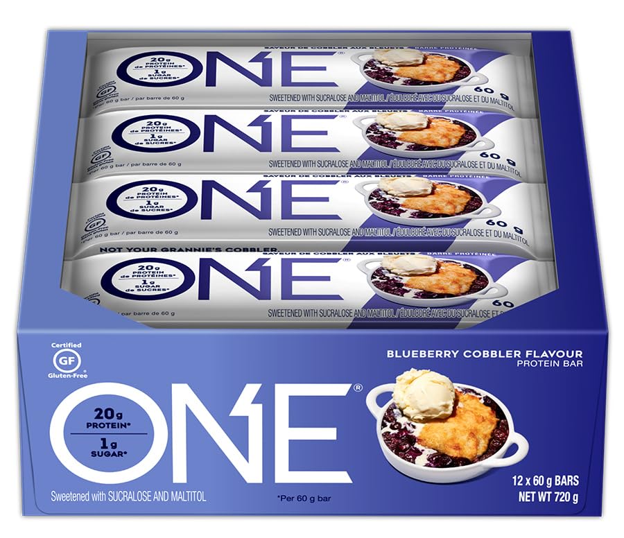 ONE Protein Bars, Blueberry Cobbler, Gluten Free Protein Bars with 20g Protein and 1g Sugar, Pantry Staples, 2.12oz (12 Count)