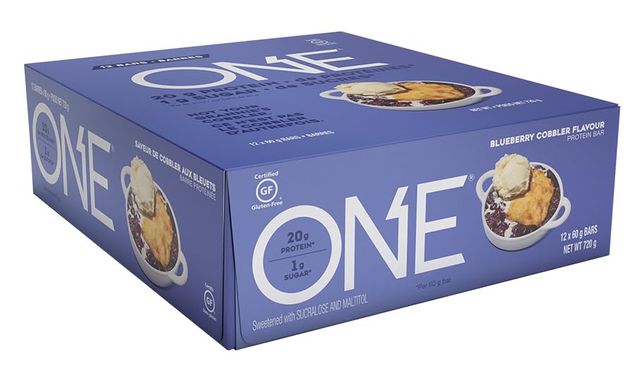 ONE Protein Bars, Blueberry Cobbler, Gluten Free Protein Bars with 20g Protein and 1g Sugar, Pantry Staples, 2.12oz (12 Count)