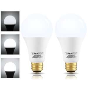 torchstar 3-way led bulb a21, 3 way led light bulbs 40/60/100w equivalent, ul & es listed, flicker free bulb for floor, table, touch lamp, e26 standard base, non-dimmable, 5000k daylight, pack of 2