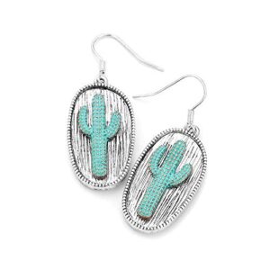 liavy's two tone metal cactus fashionable earrings - fish hook - silver burnished