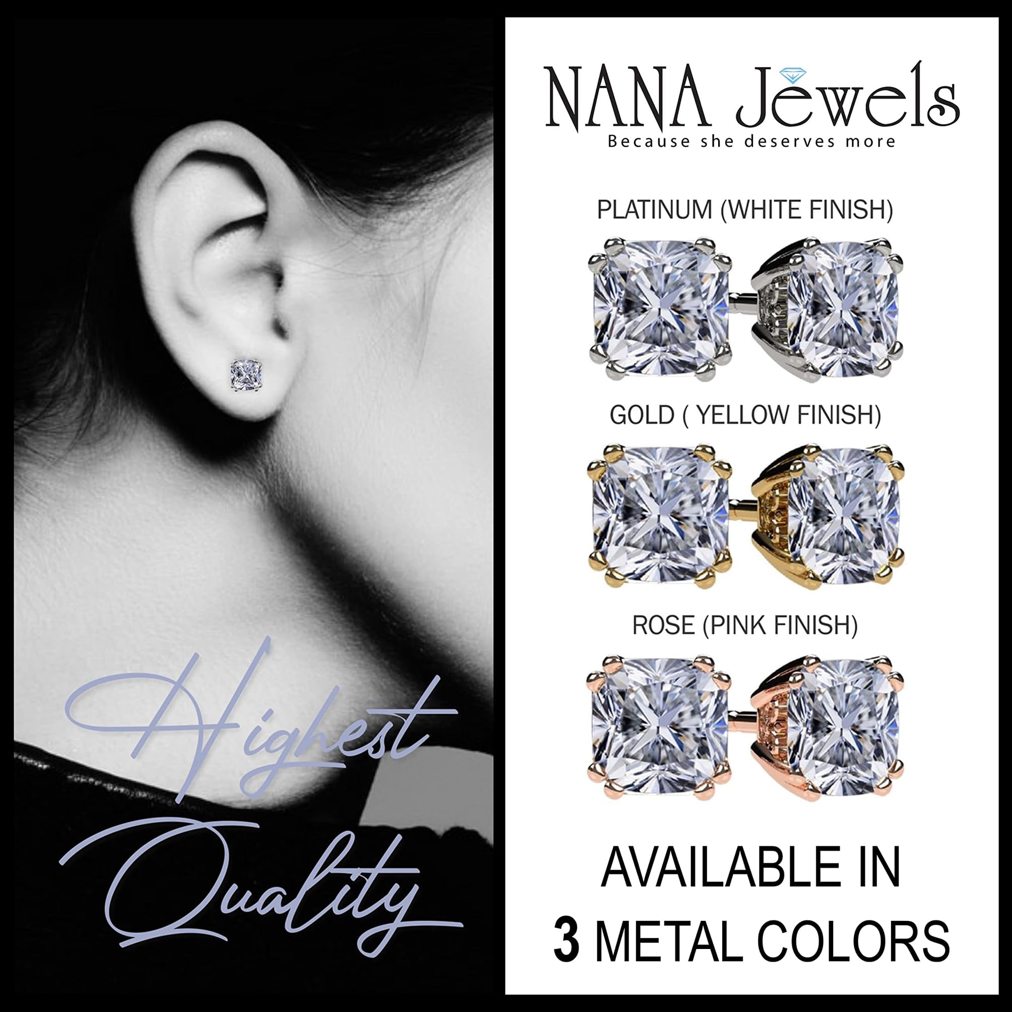 NANA Jewels 14K Solid Gold Post & Sterling Silver Cushion Cut CZ Stud Earrings Hypoallergenic, Platinum (6mm) 2.00ctw