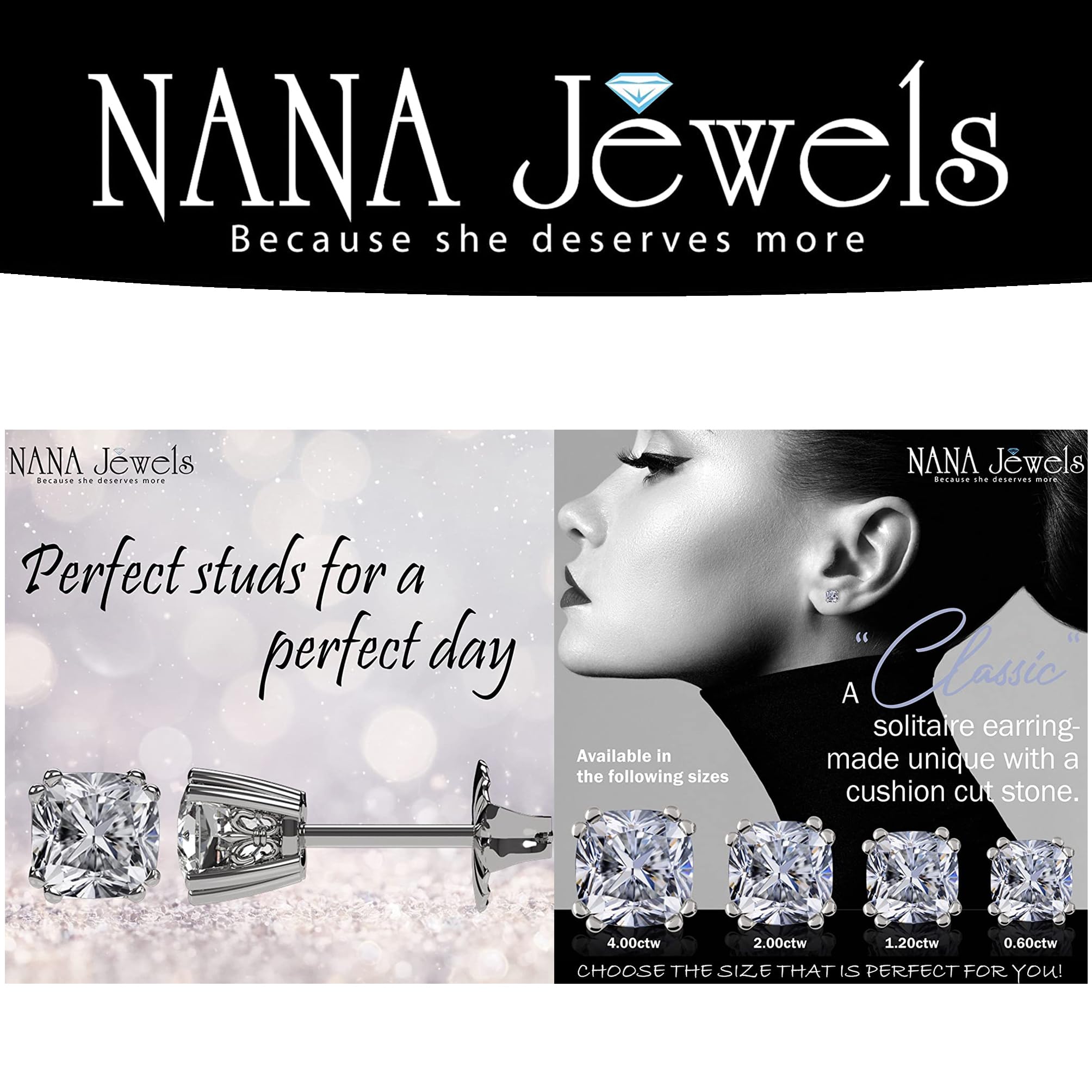 NANA Jewels 14K Solid Gold Post & Sterling Silver Cushion Cut CZ Stud Earrings Hypoallergenic, Platinum (6mm) 2.00ctw