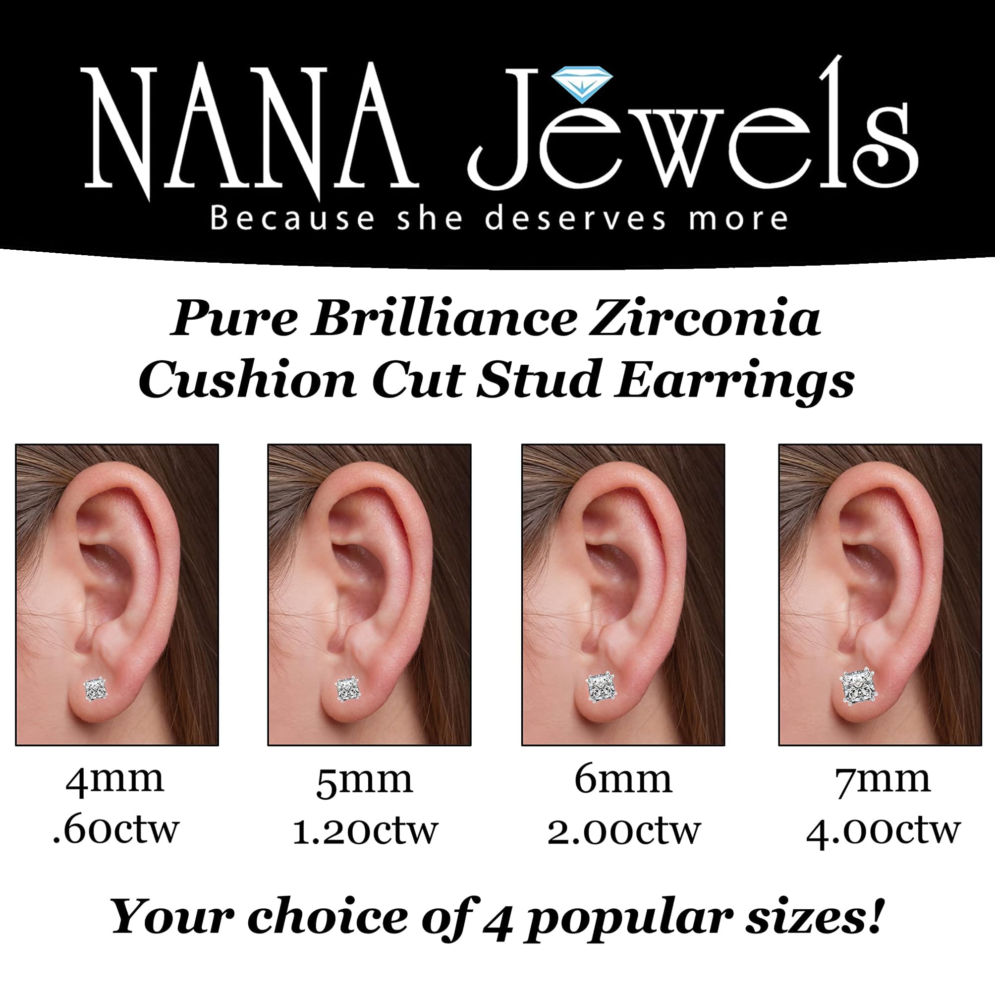 NANA Jewels 14K Solid Gold Post & Sterling Silver Cushion Cut CZ Stud Earrings Hypoallergenic, Platinum (6mm) 2.00ctw