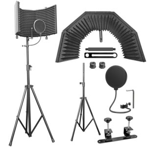 axcessables large 32 x 13 recording studio microphone isolation shield w/stand | mic isolation foam booth with tall stand | reflection filter shield