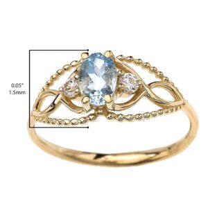 10K Yellow Gold, Blue Oval Cut Aquamarine & White Topaz Three Stone Swirl March Birthstone Split Shank Beaded Engagement Ring - Size 5-1/2