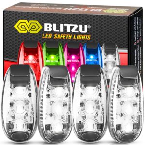 blitzu 4 pack led safety lights gear for kids, women & men. for bike tail light, kayak, dog collar, stroller, walking, boat, runners, night running blinking warning reflective light accessories white