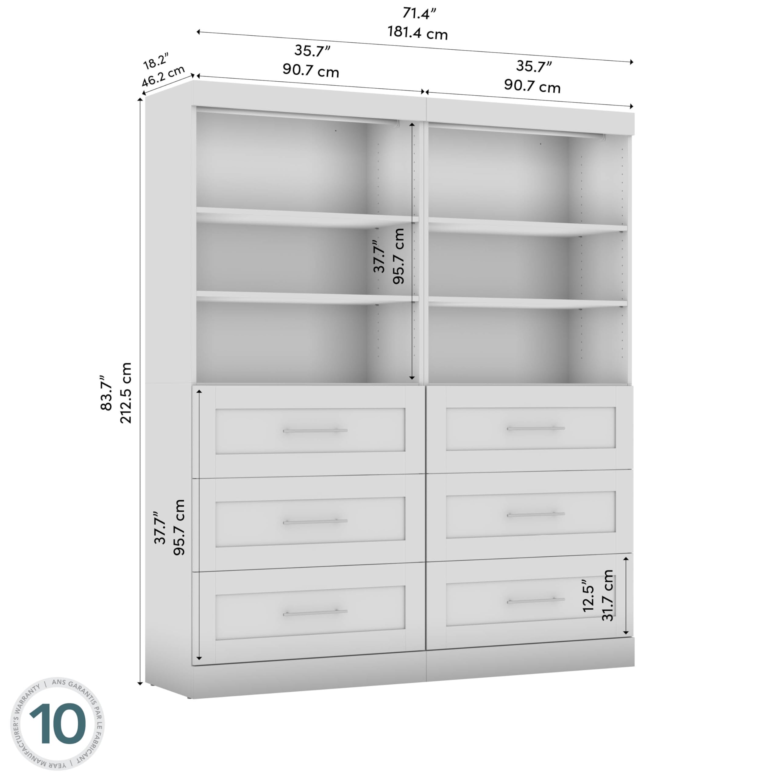 Bestar Pur Wardrobe Organizer with Drawers, Walk-in Closet, Bedroom, Laundry Room, Mudroom, or Entryway, 72W, Bark Grey