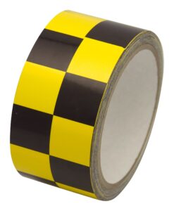 incom manufacturing checkerboard race pattern laminated safety tape, 1 inch square, yellow and black, indoor and outdoor use, 2 inch x 54 ft, lcb210