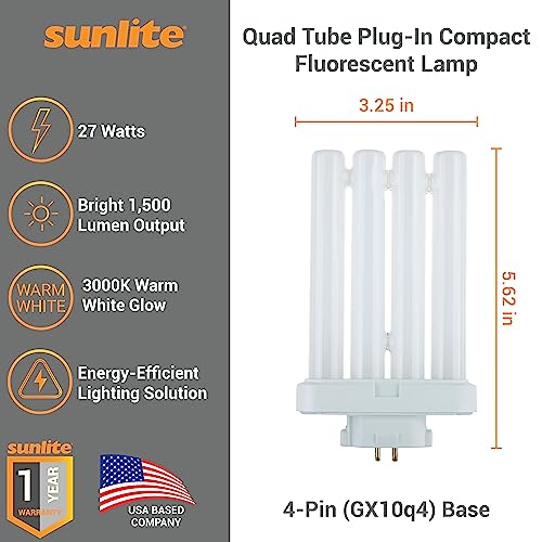 Sunlite 40530 FML27/30K/2PK Quad Tube Plug-in Compact Fluorescent Lamp, FML 4-Pin, 27 Watts, 1500 Lumens, 3000K Warm White, 4-Pin (GX10q4) Base, 120 Volts, 2 Pack