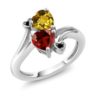 gem stone king 925 sterling silver yellow citrine red garnet and black diamond ring for women (1.63 cttw, heart shape 6mm, gemstone november birthstone, available in size 5, 6, 7, 8, 9)