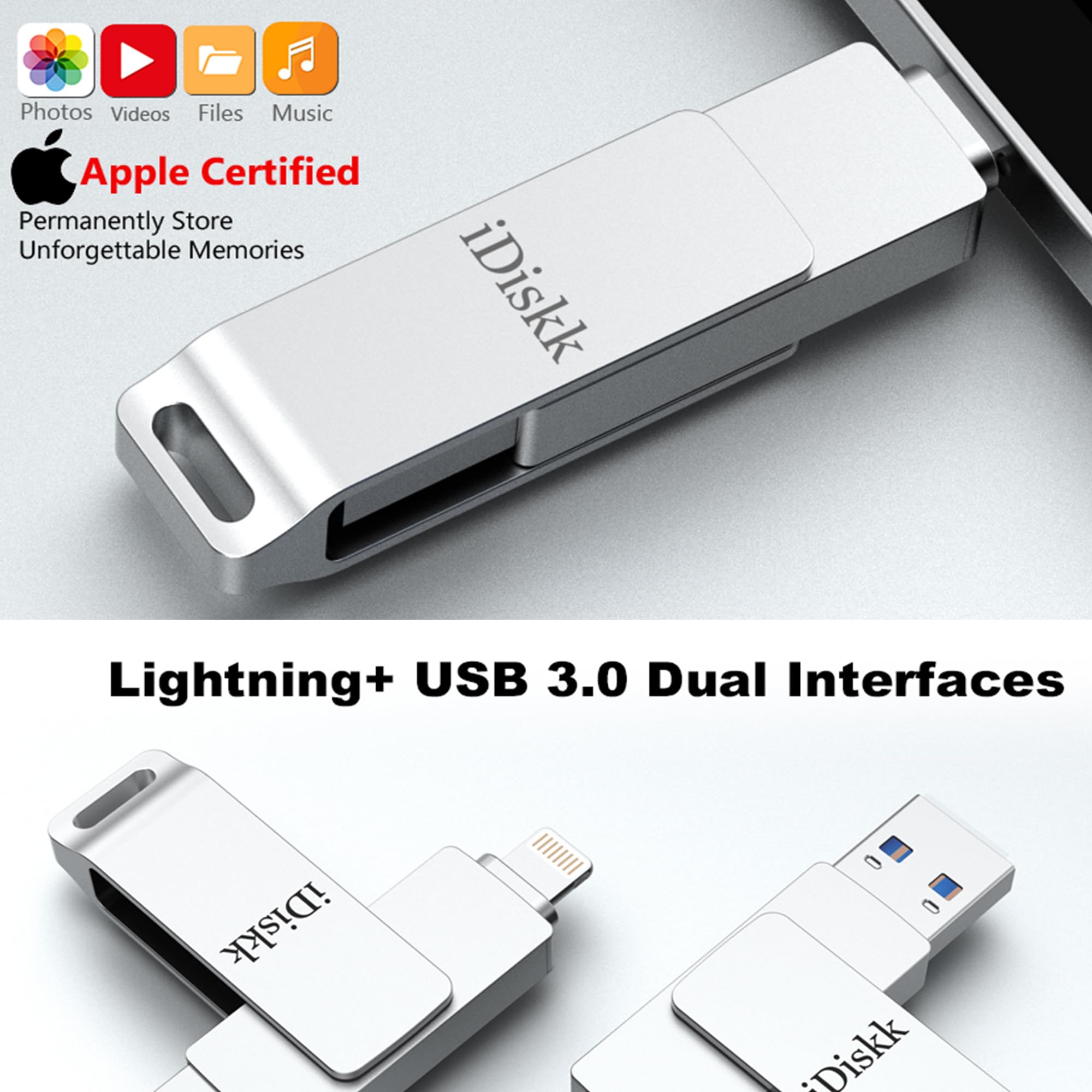 【App-le Certified】iDiskk 128GB Photo Storage Stick iPhone Storage Flash Drive for iPhone usb storage flash drive,iPhone USB External Storage for Mac,iPad and PC Photo Stick for Photos Videos Contacts