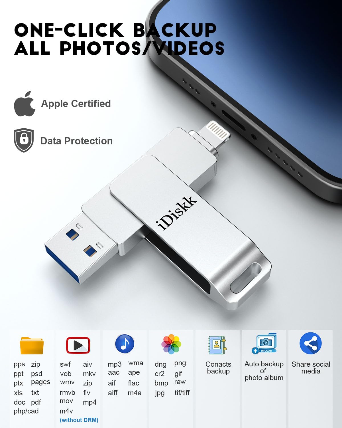 【App-le Certified】iDiskk 128GB Photo Storage Stick iPhone Storage Flash Drive for iPhone usb storage flash drive,iPhone USB External Storage for Mac,iPad and PC Photo Stick for Photos Videos Contacts