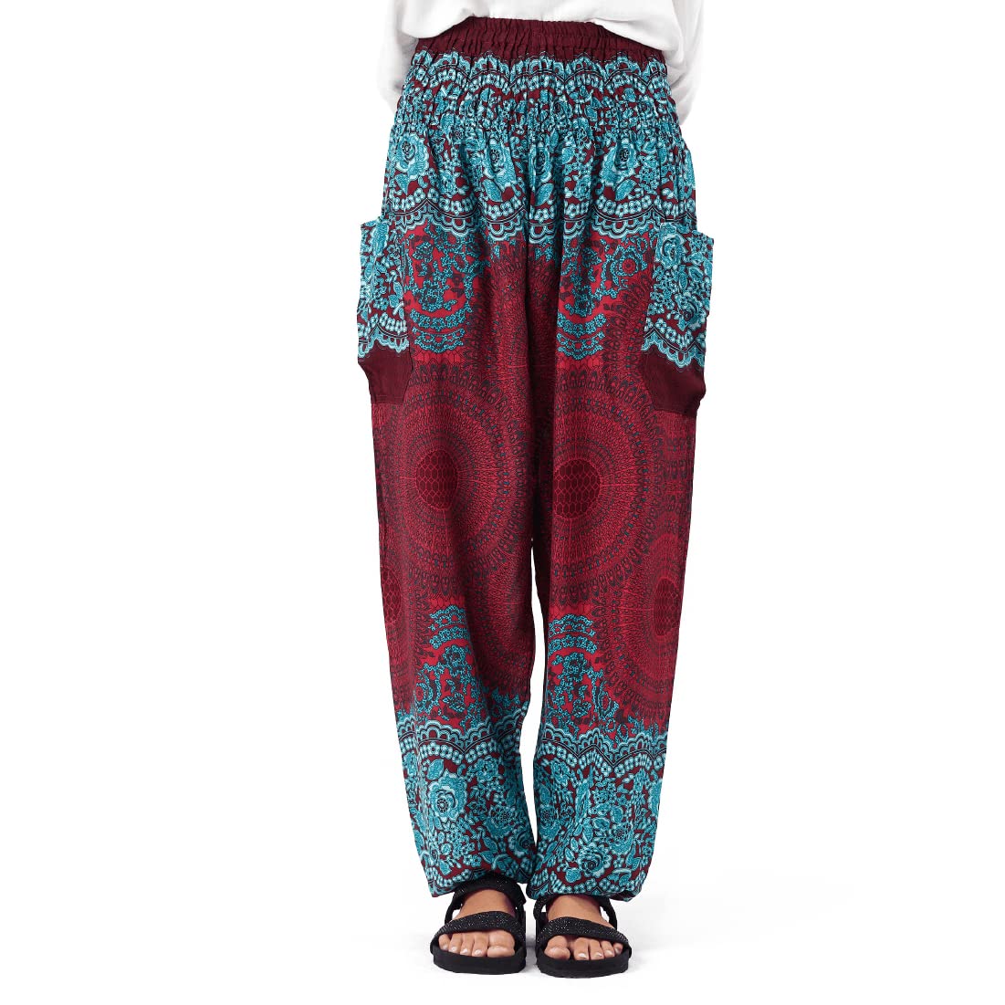 Happy Trunks Harem Pants for Women with Pockets (S-XXL) - Boho Hippie Yoga Pants, Beach Lounge Pants, Comfy Bohemian Clothes for Women (Small, Red Honeycomb)