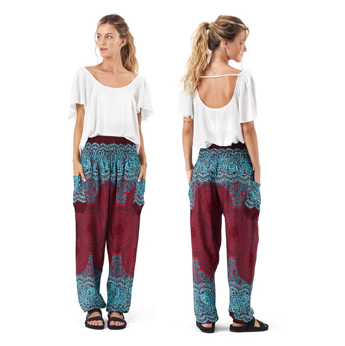 Happy Trunks Harem Pants for Women with Pockets (S-XXL) - Boho Hippie Yoga Pants, Beach Lounge Pants, Comfy Bohemian Clothes for Women (Small, Red Honeycomb)