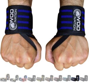 wod nation wrist wraps for weightlifting, 12” professional gym wrist straps w/thumb loop men & women, wrist support wraps for strength training, powerlifting & bodybuilding (black/dk blue)