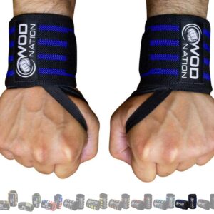 WOD Nation Wrist Wraps for Weightlifting, 12” Professional Gym Wrist Straps w/Thumb Loop Men & Women, Wrist Support Wraps for Strength Training, Powerlifting & Bodybuilding (Black/DK Blue)