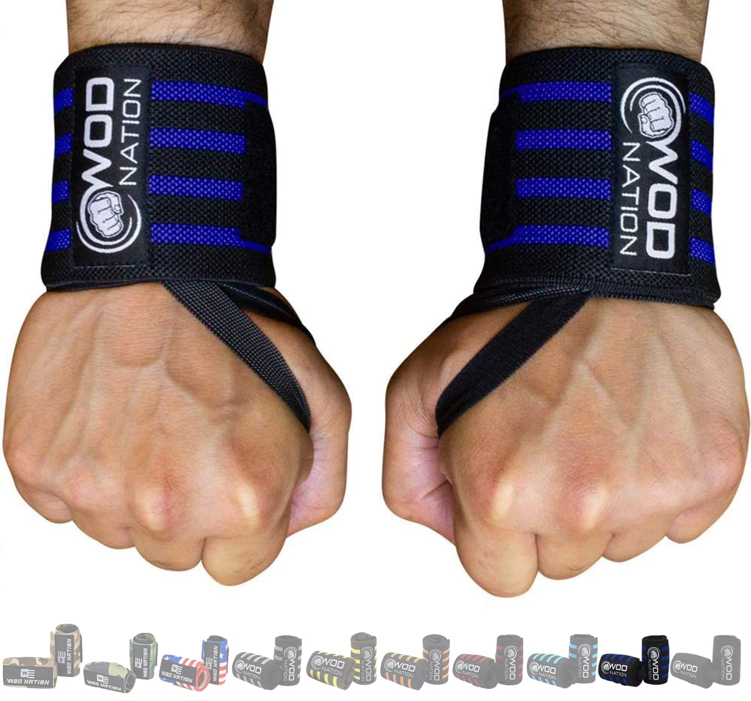 WOD Nation Wrist Wraps for Weightlifting, 12” Professional Gym Wrist Straps w/Thumb Loop Men & Women, Wrist Support Wraps for Strength Training, Powerlifting & Bodybuilding (Black/DK Blue)