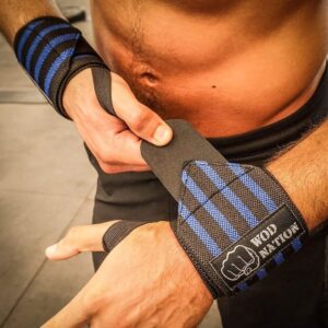 WOD Nation Wrist Wraps for Weightlifting, 12” Professional Gym Wrist Straps w/Thumb Loop Men & Women, Wrist Support Wraps for Strength Training, Powerlifting & Bodybuilding (Black/DK Blue)