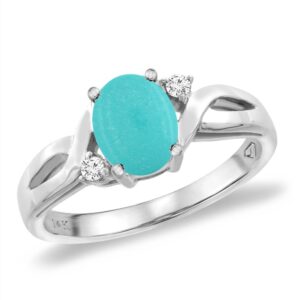 sabrina silver 14k white gold diamond natural turquoise engagement ring oval 8x6 mm, size 6.5