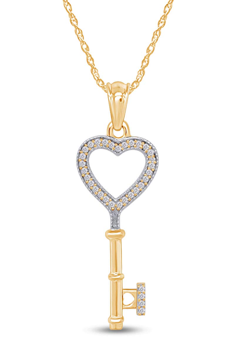 Jewel Zone US White Natural Diamond Accent Heart Key Pendant Necklace in 14K Solid Yellow Gold