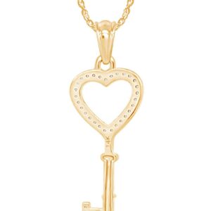 Jewel Zone US White Natural Diamond Accent Heart Key Pendant Necklace in 14K Solid Yellow Gold