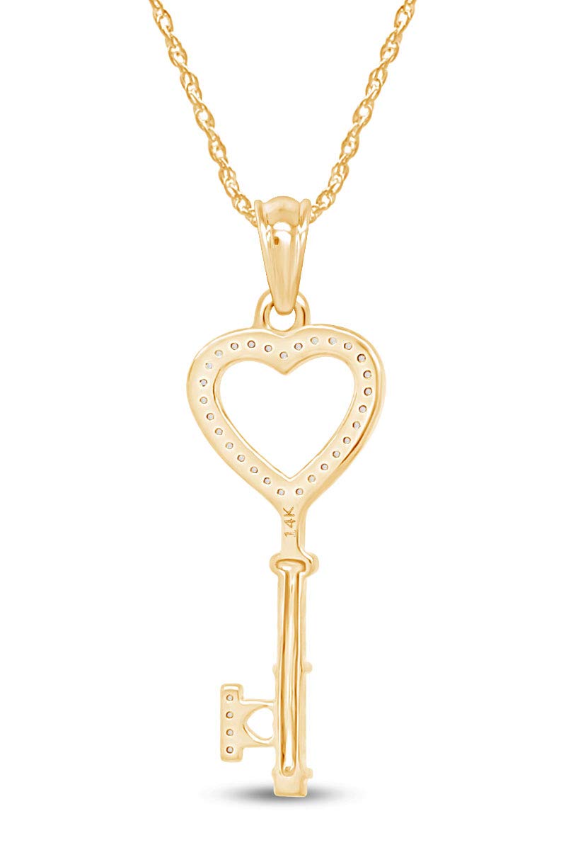 Jewel Zone US White Natural Diamond Accent Heart Key Pendant Necklace in 14K Solid Yellow Gold