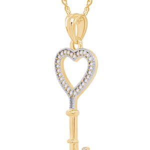 Jewel Zone US White Natural Diamond Accent Heart Key Pendant Necklace in 14K Solid Yellow Gold