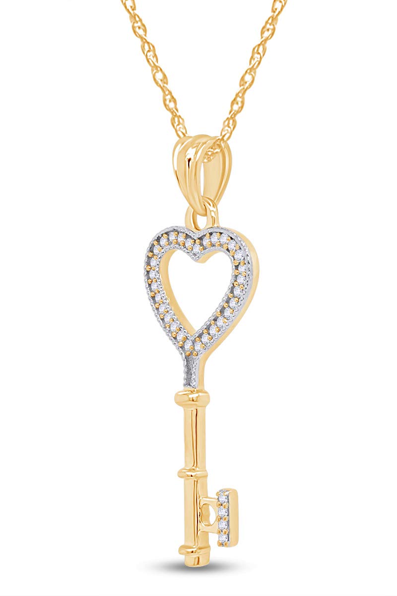 Jewel Zone US White Natural Diamond Accent Heart Key Pendant Necklace in 14K Solid Yellow Gold