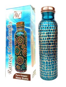 rastogi handicrafts pure copper hand hammered new creation textured capacity 33oz / 950 ml for drinking water storage/yoga bottle