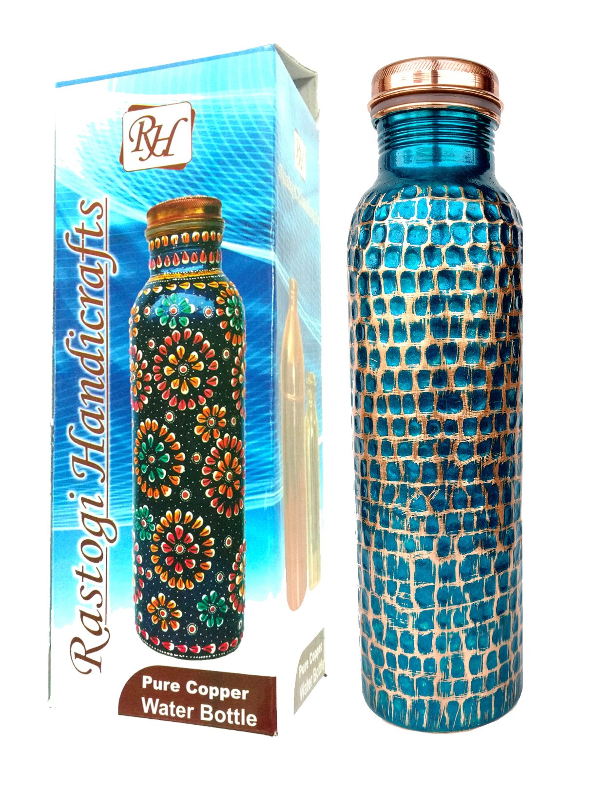 Rastogi Handicrafts Pure copper Hand hammered New Creation textured capacity 33oz / 950 ml for drinking water storage/yoga bottle