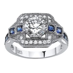 palmbeach platinum-plated sterling silver round cubic zirconia and princess synthetic blue sapphire engagement ring sizes 6-10 size 7