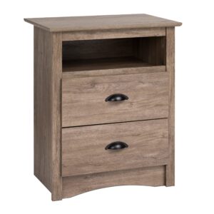 prepac's fremont 2 drawer nightstand: elegant bedroom furniture, bedside table with open shelf, 23.25"w x 16"d x 28"h, drifted gray - ddc-2428