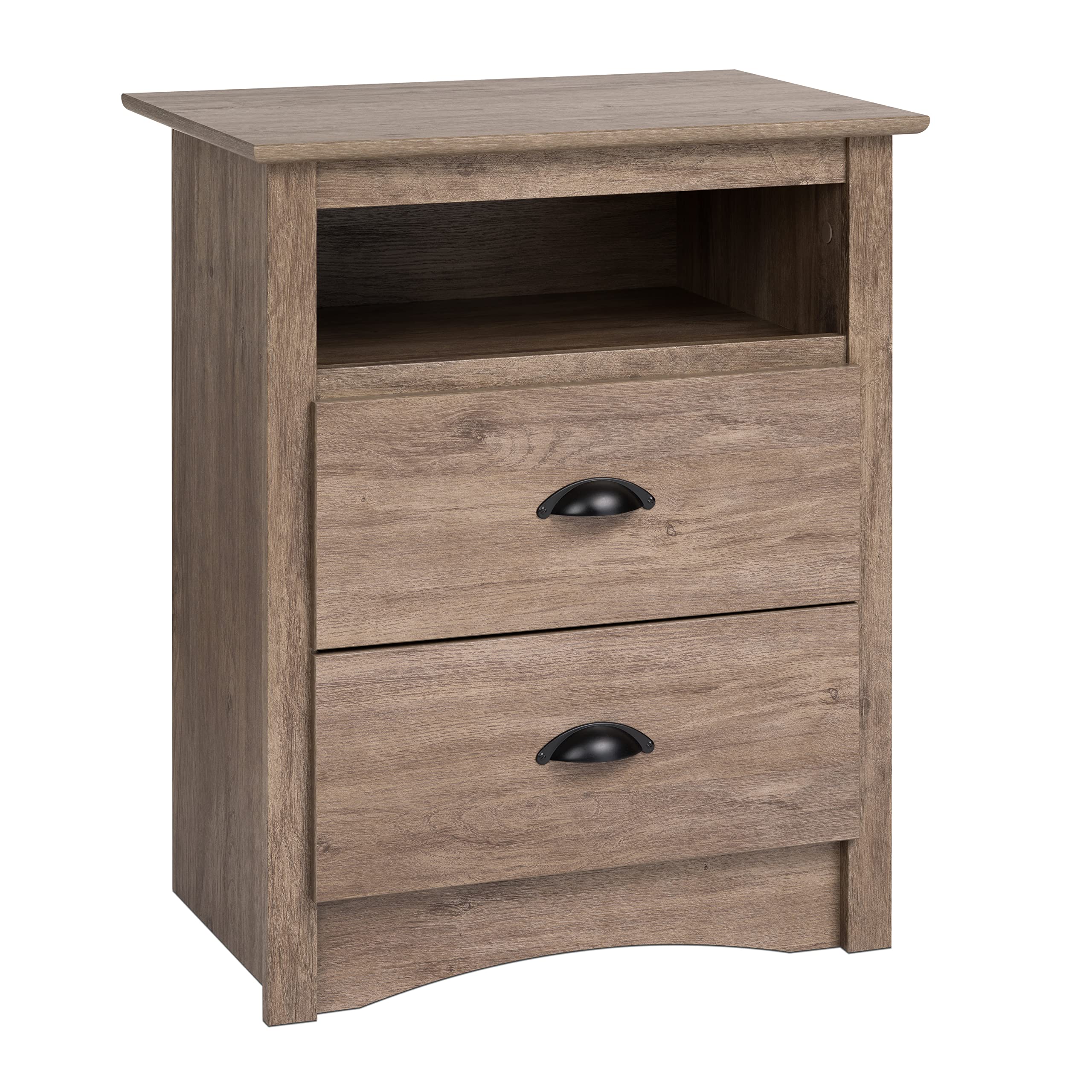 Prepac's Fremont 2 Drawer Nightstand: Elegant Bedroom Furniture, Bedside Table with Open Shelf, 23.25"W x 16"D x 28"H, Drifted Gray - DDC-2428