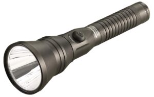 streamlight 74819 strion ds hpl 700-lumen rechargeable dual switch long range flashlight, with 120v/100v ac/12v dc piggyback charger, black